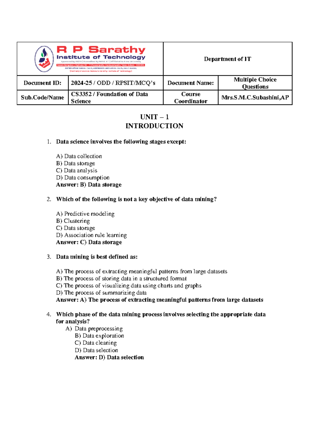 MCQ - CS3352 - Foundation of Data Science Multiple Choice Questions ...