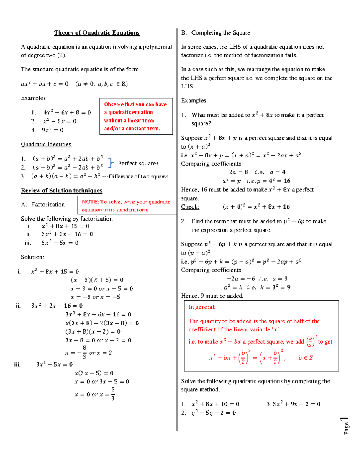 Theory of Quadratic Equations: Completing the Square Method - Studocu