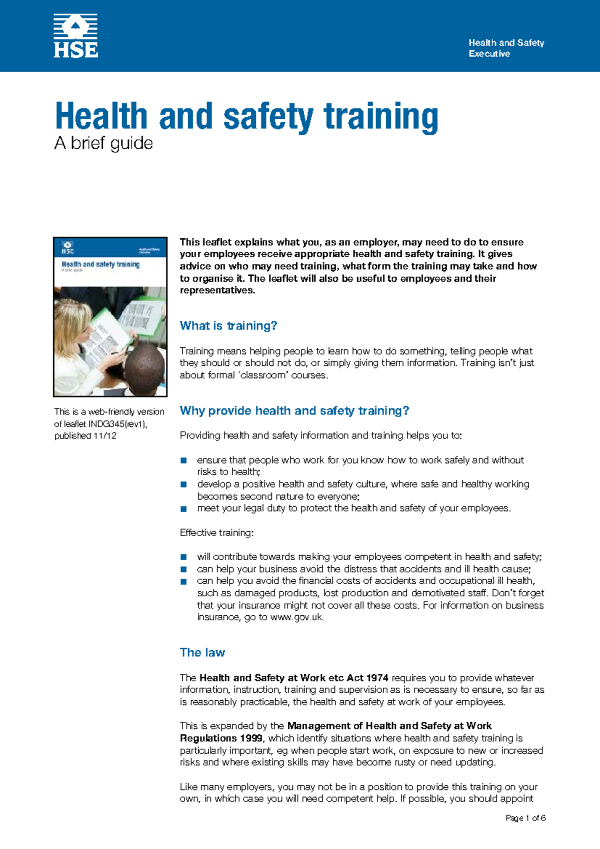 INDG345: Health and Safety Training Guide for Employers - Studocu