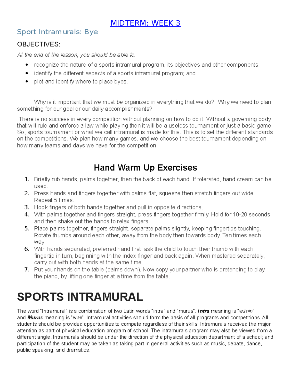 Midterm(WEEK3) - hi..vhi..hi..hi..hi.. - MIDTERM: WEEK 3 Sport ...