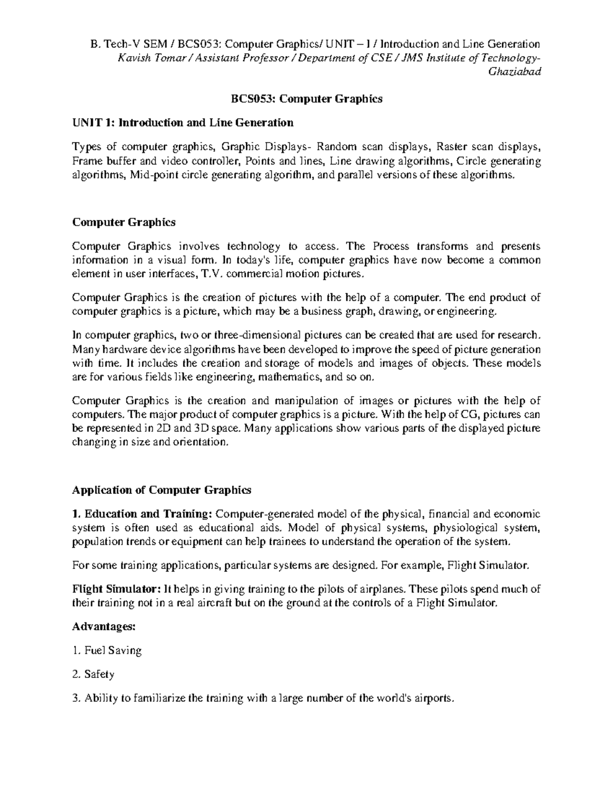 BCS 053: Computer Graphics Unit 1 - Introduction & Line Generation ...