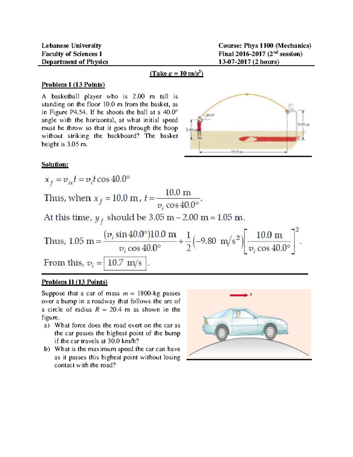 Final Exam Solutions for Phys 1100 (Mechanics) - Fall 2016 - Studocu