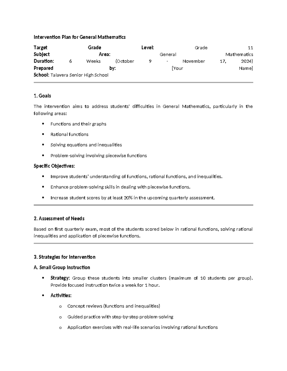 Intervention Plan for General Math (Grade 11) - 6 Week Strategy - Studocu