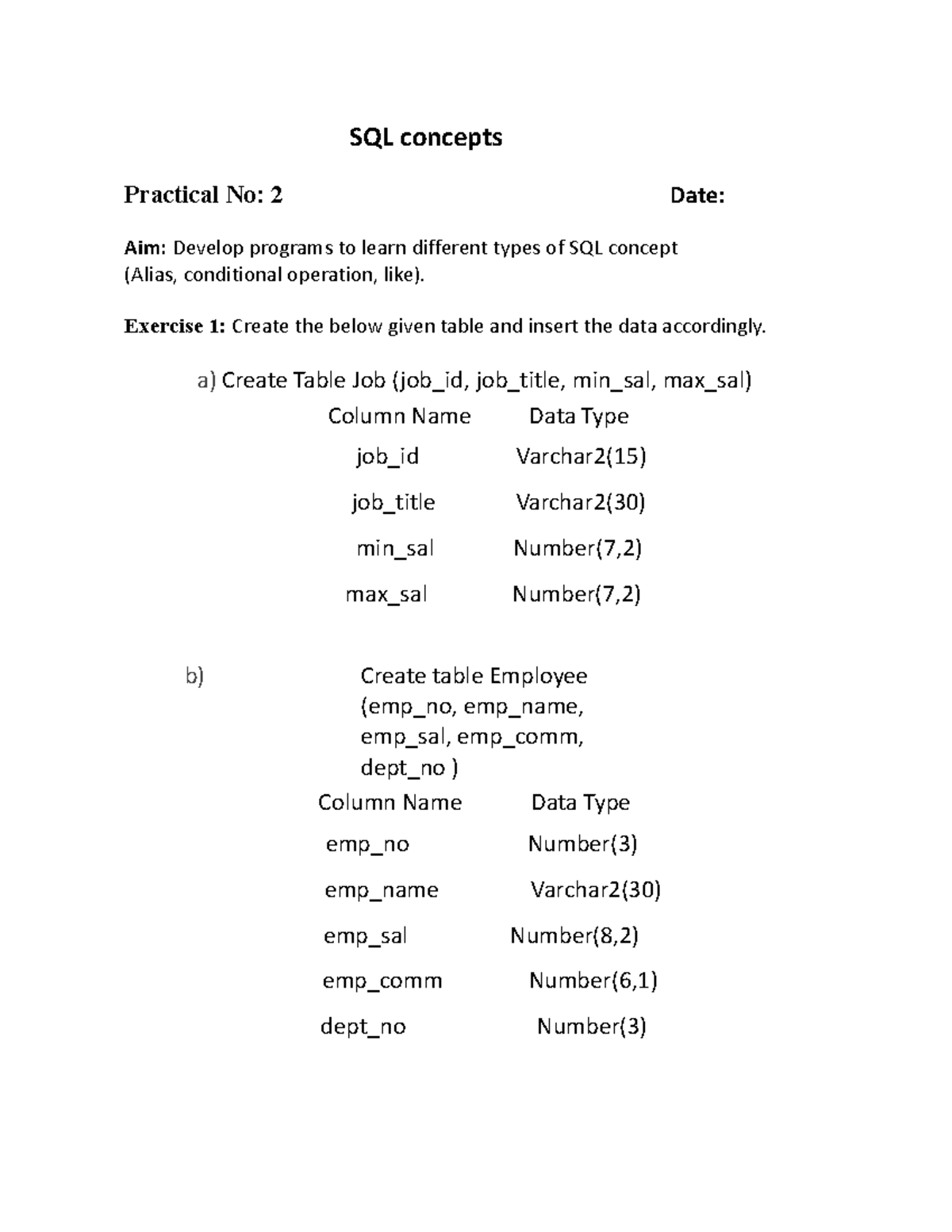 SQL Concepts Practical: Exercises on Alias, Conditional Ops, LIKE - Studocu