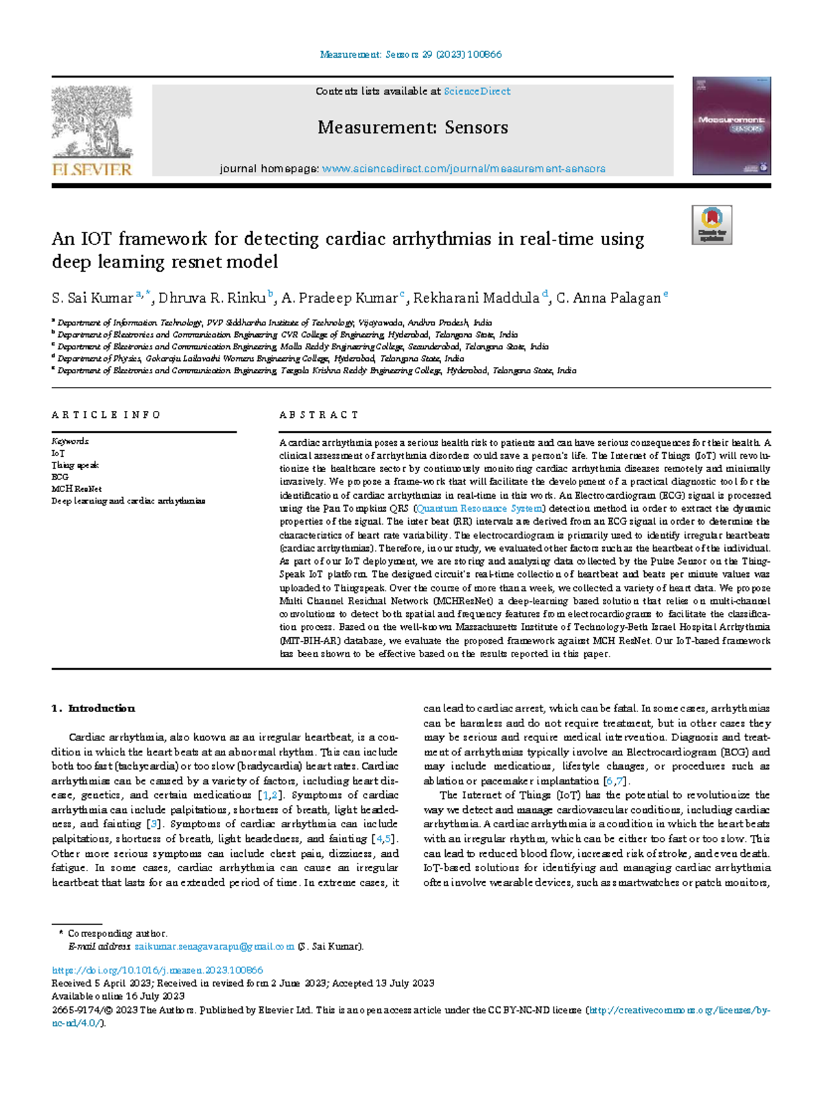 An IoT Framework for Cardiac Arrhythmia Detection Using ResNet Model ...