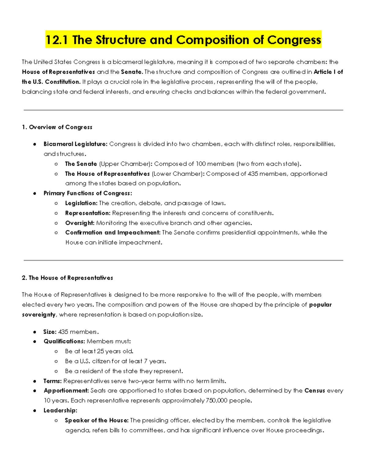12.1 Structure & Composition of Congress: Overview & Key Functions ...