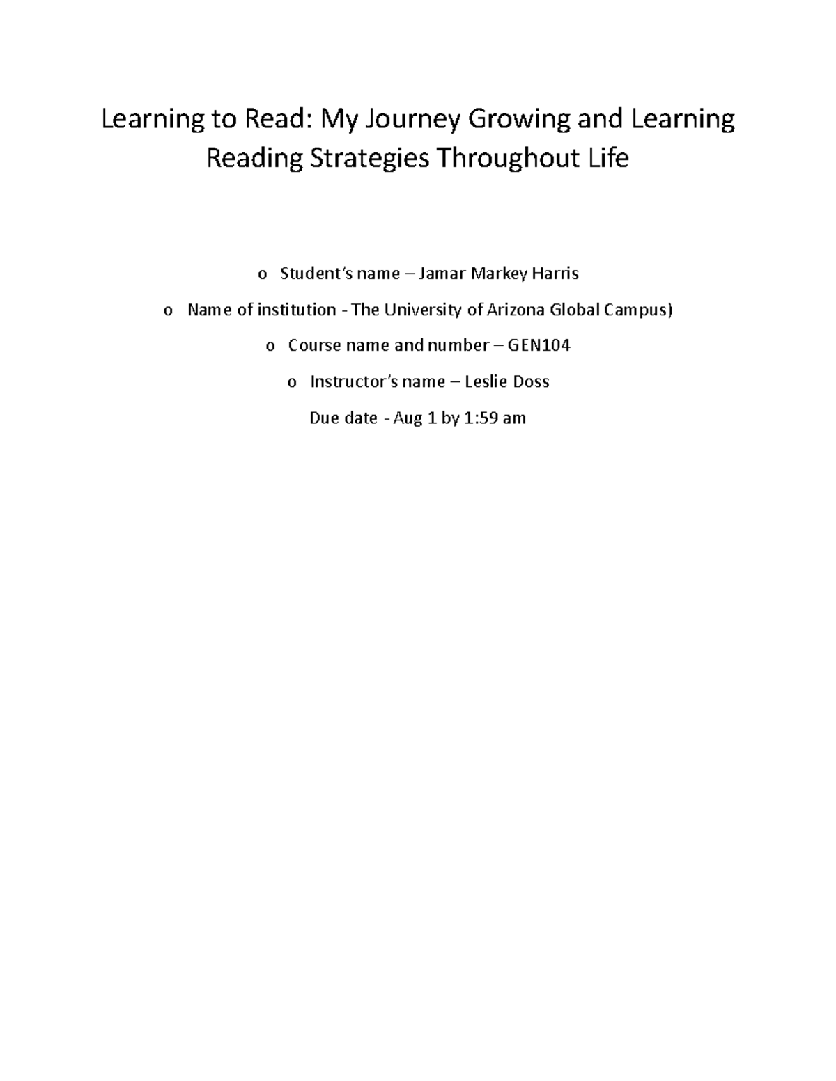 Week 1 Assignment - GEN104 - My Reading Journey: Growth & Strategies ...