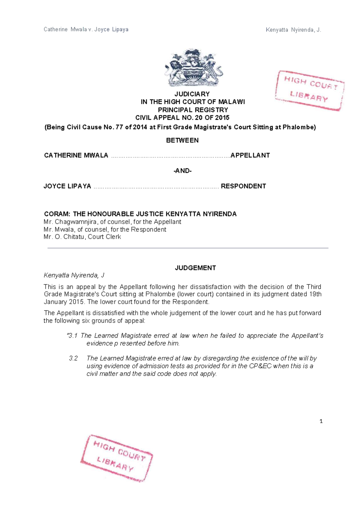 Civil Appeal No. 20 of 2015: Mwala v. Lipaya Judgment Analysis - Studocu
