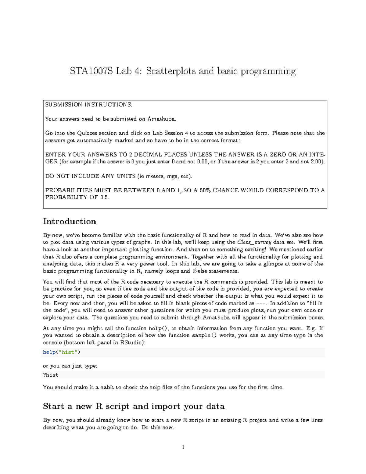 STA1007S Lab 4: Scatterplots, R Programming & Data Analysis - Studocu