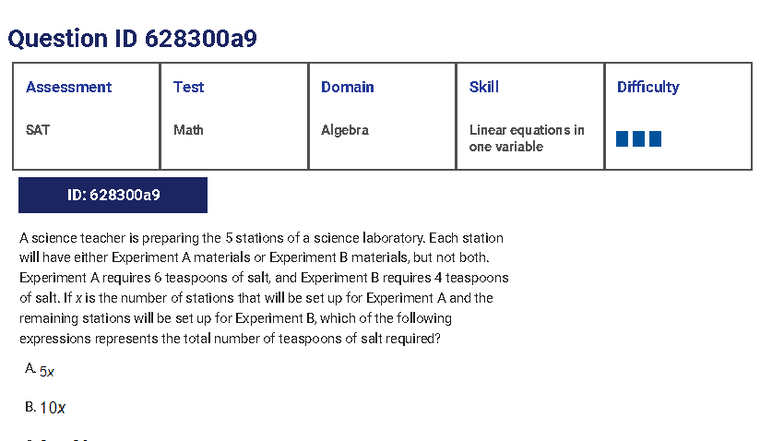 Hard - SAT Math Assessment: Linear Equations in One Variable - Studocu