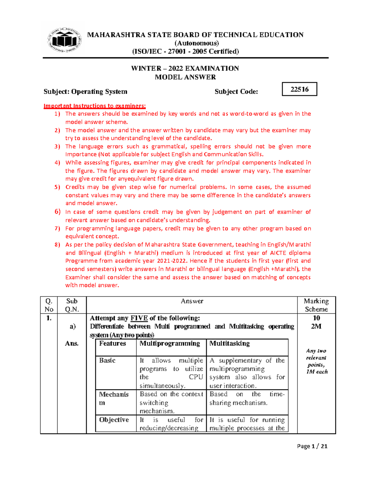 OS-22516 Winter 2022 Model Answer: Solved Sample Question Paper - Studocu