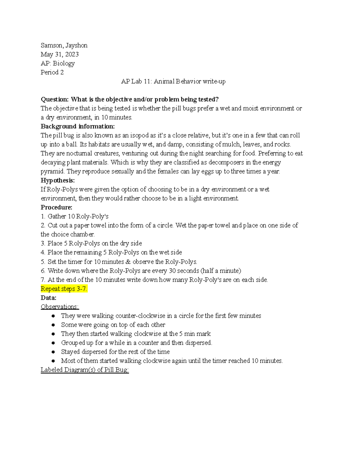 AP Biology Lab 11: Isopod Behavior Experiment Report - Studocu