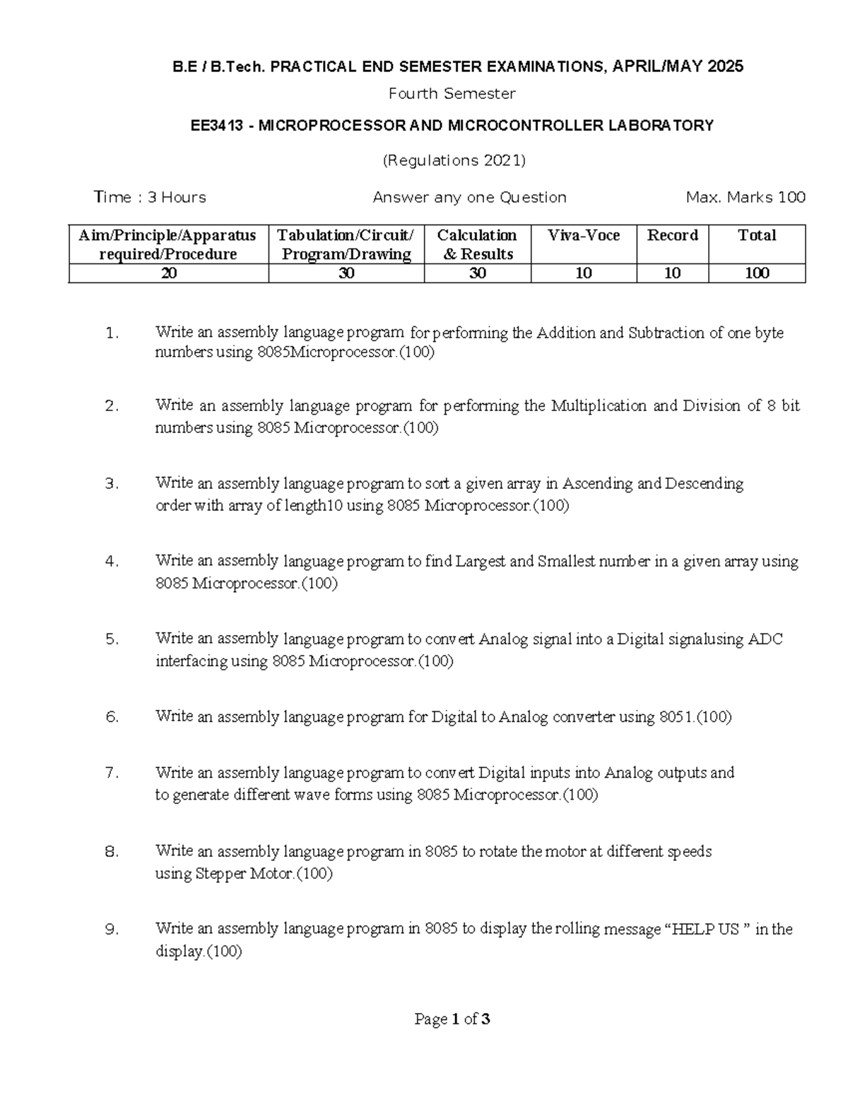 EE3413 Microprocessor & Microcontroller Lab Practical Exam Questions 2025 - Studocu