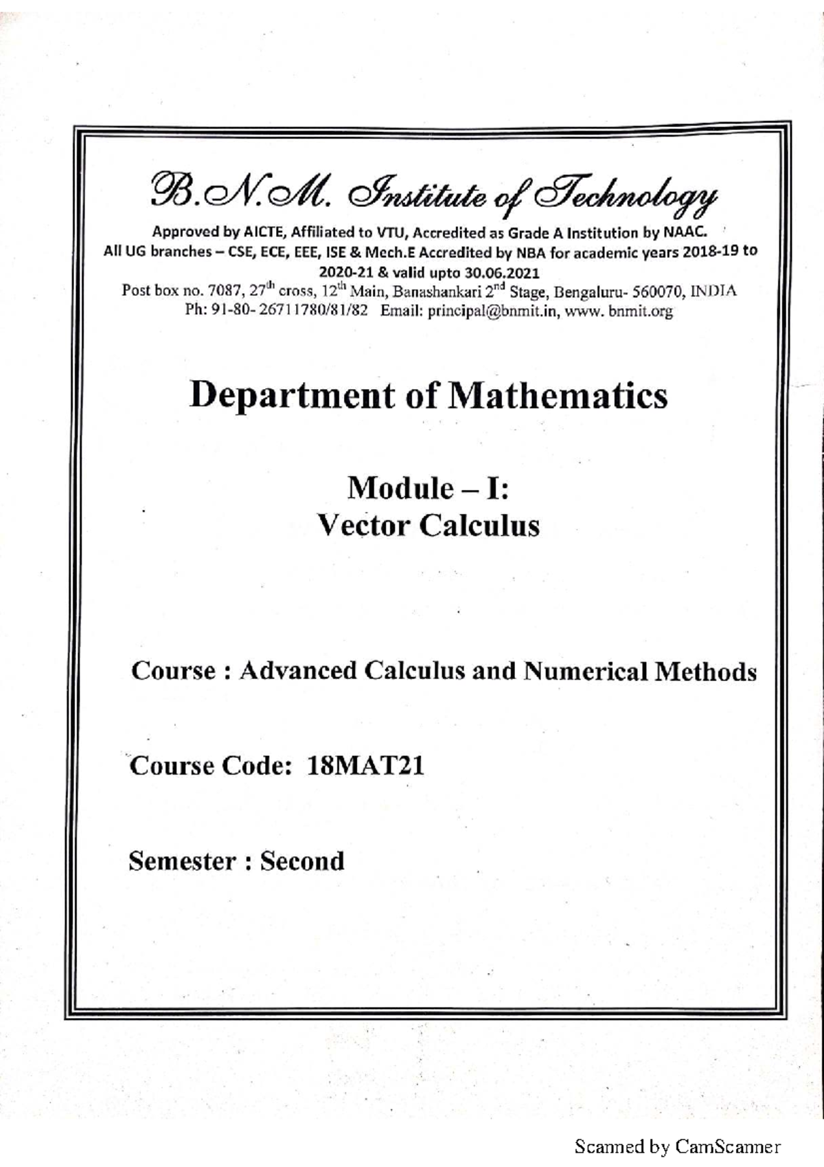 Vector Calculus Notes (Module I) - Advanced Calculus 18MAT21 - Studocu
