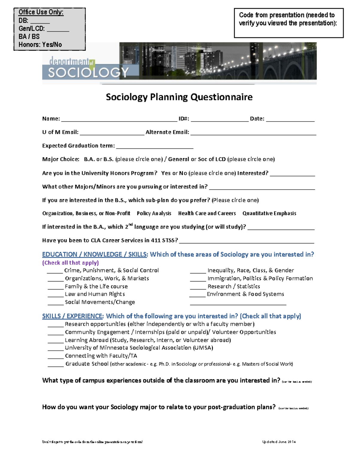 Sociology Planning Questionnaire: BA/BS Honors Program 6-14 - Studocu