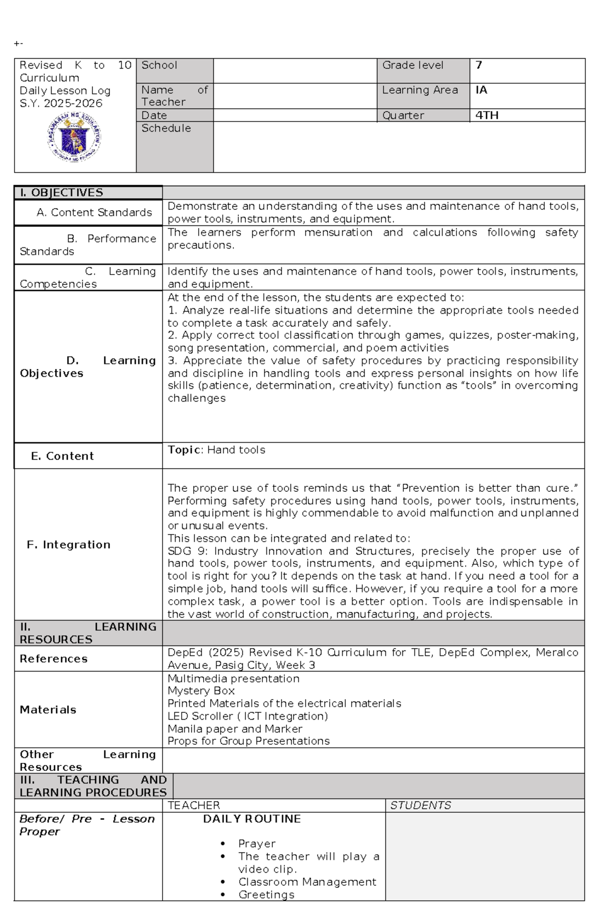 DLP COT 2: Classification of Tools for Grade 7 TLE Lesson - Studocu
