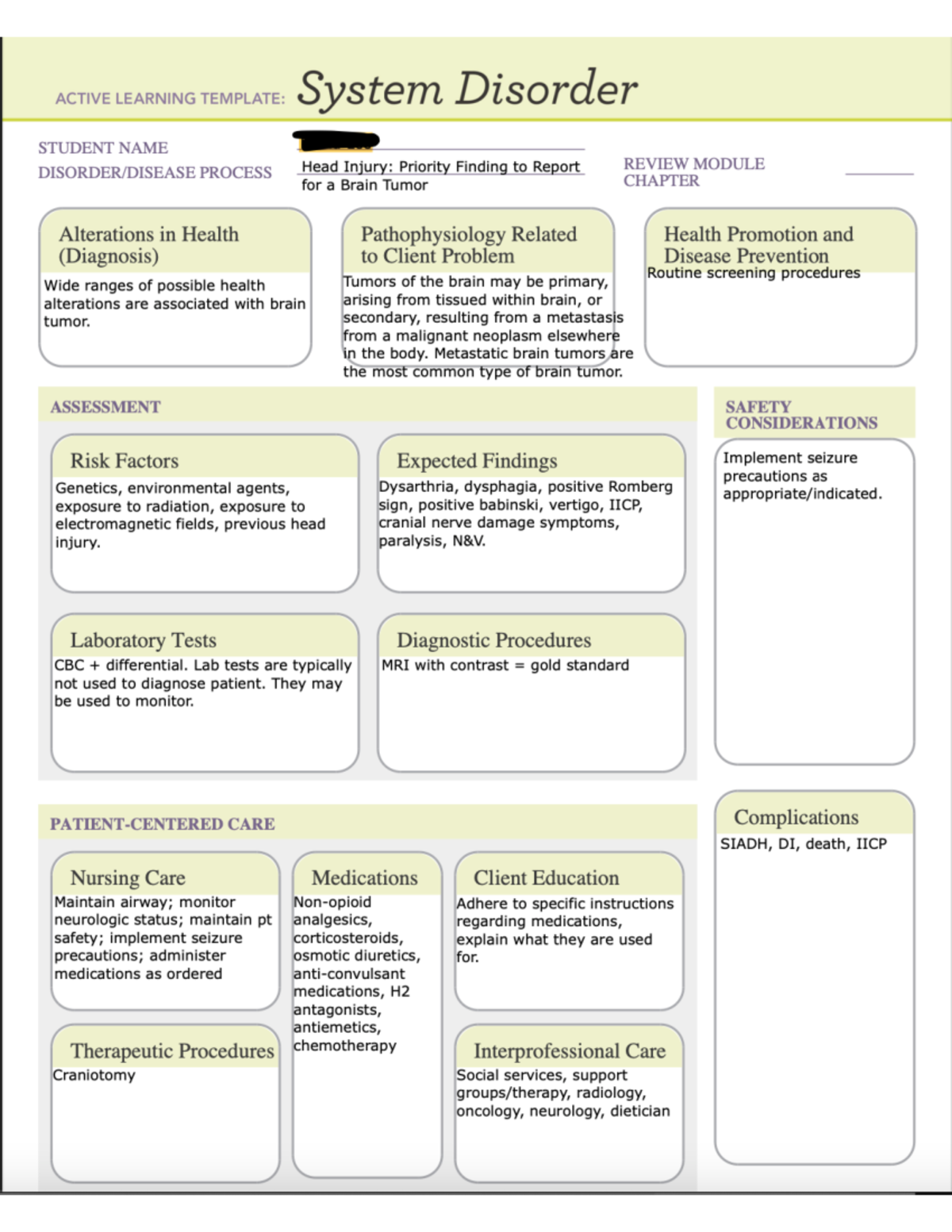ATI System Disorder: Brain Tumor Assessment and Care Overview - Studocu
