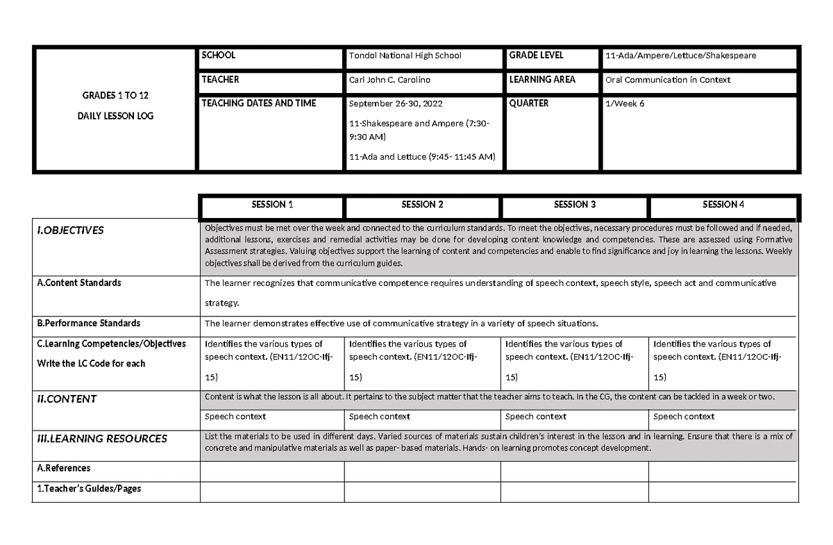 OC GRADE 12 WEEKLY LESSON PLAN: ORAL COMMUNICATION IN CONTEXT - Studocu