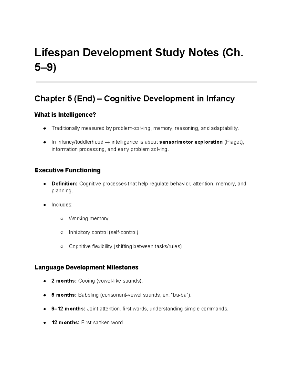 Lifespan Development Study Notes (Ch. 5-9): Cognitive & Emotional ...