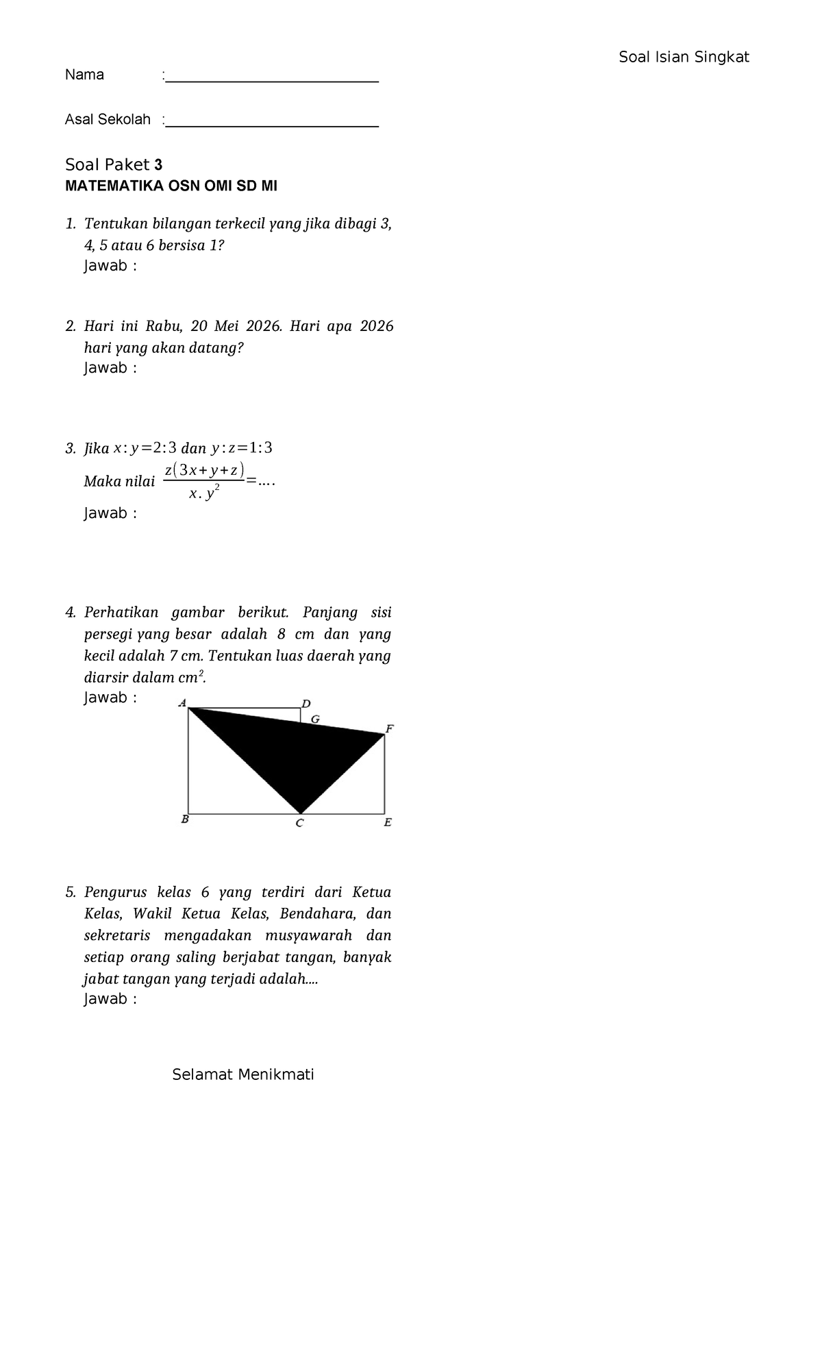 Soal Paket 3 OSN OMI Matematika SD MI - Isian Singkat - Studocu