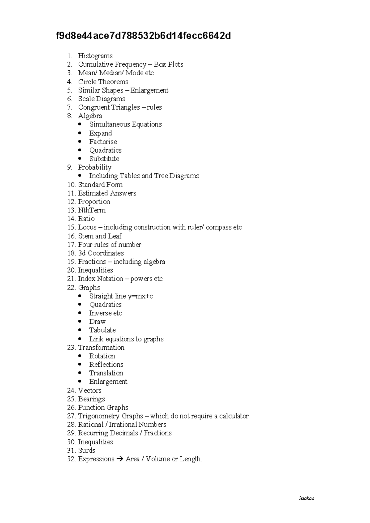 GCSE Maths Higher Paper Non-Calculator Topics Overview (1) - Studocu