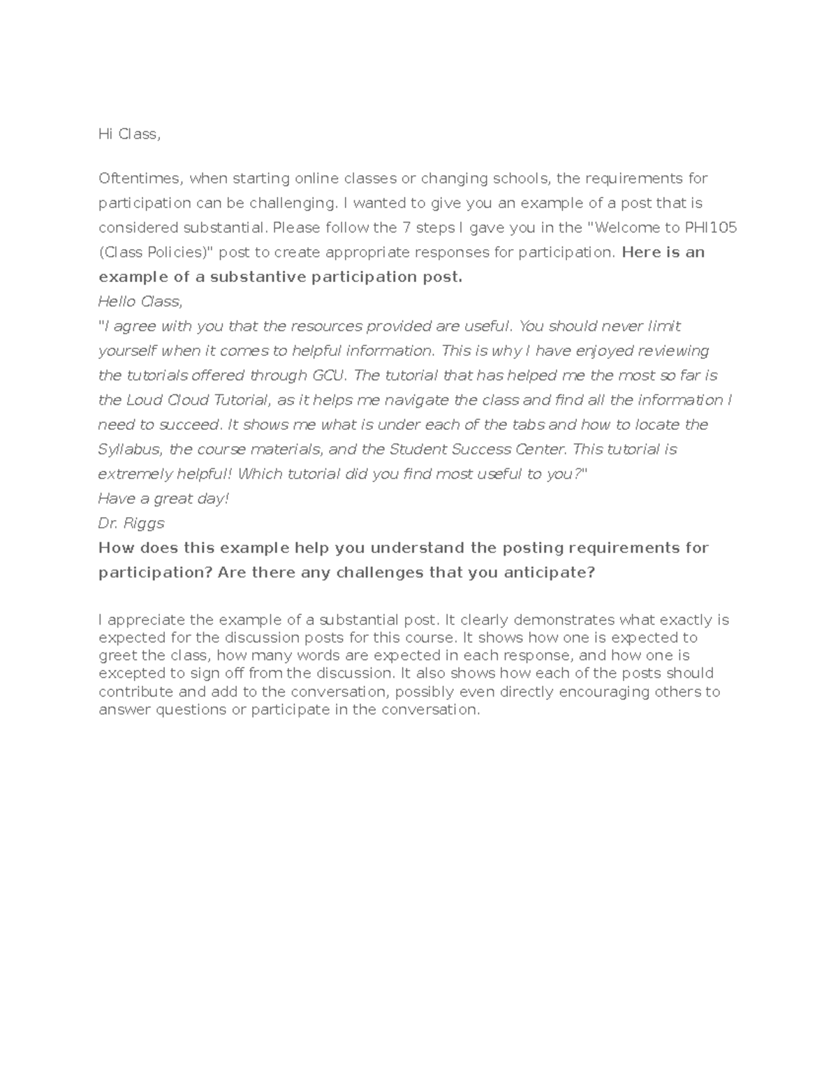 Substantive Participation Post Example for PHI Class Requirements - Studocu