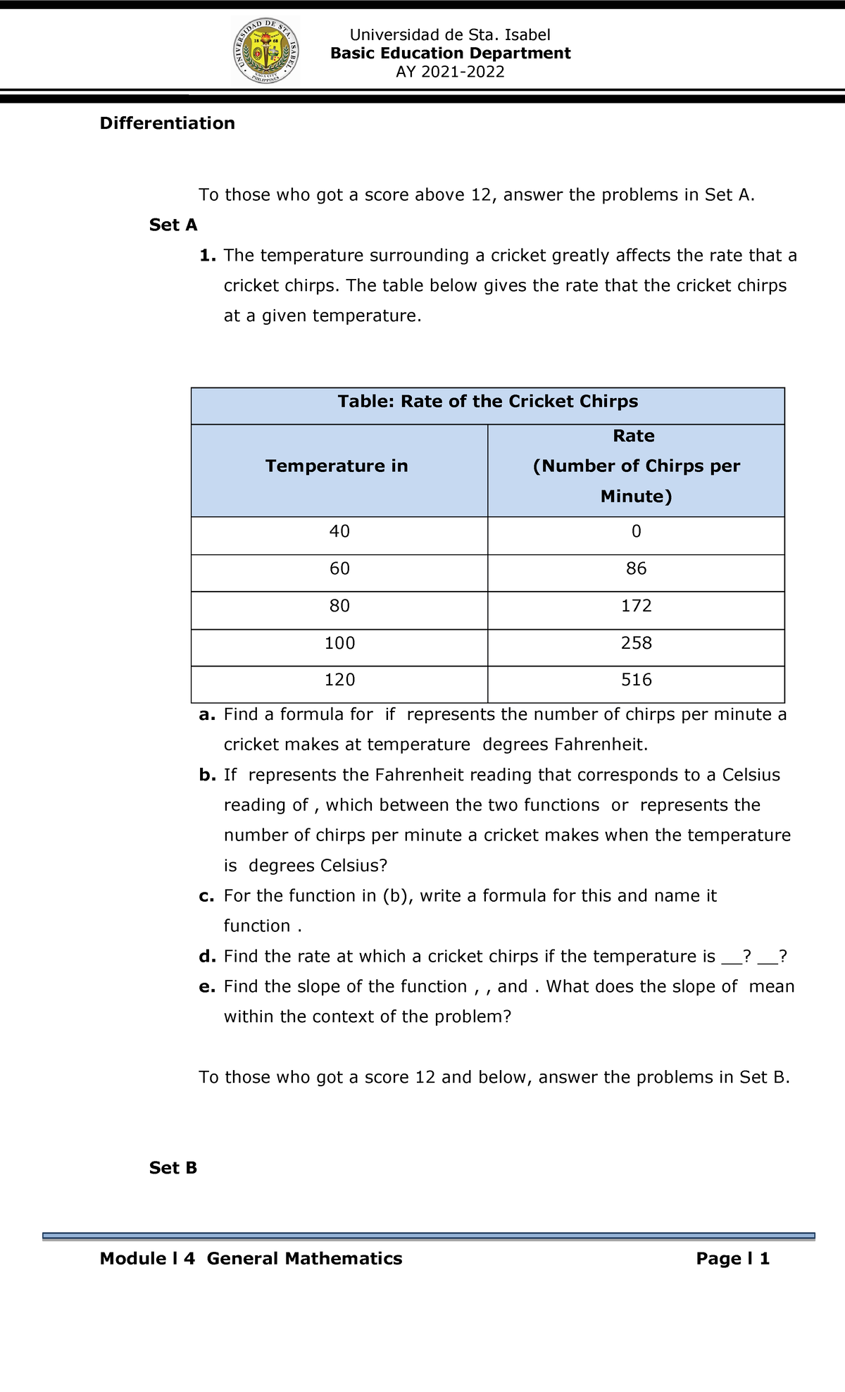 Gen Math Activity for Students - Universidad de Sta. Isabel Basic ...