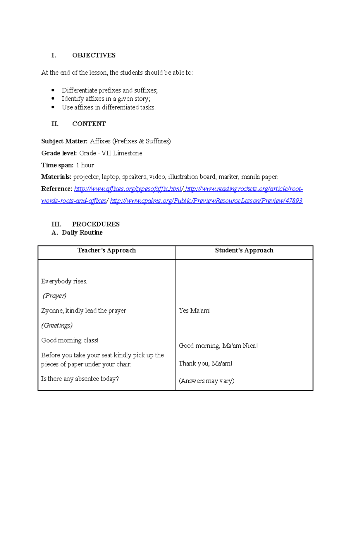 Detailed Lesson Plan on Affixes (Prefixes & Suffixes) - Grade VII - Studocu