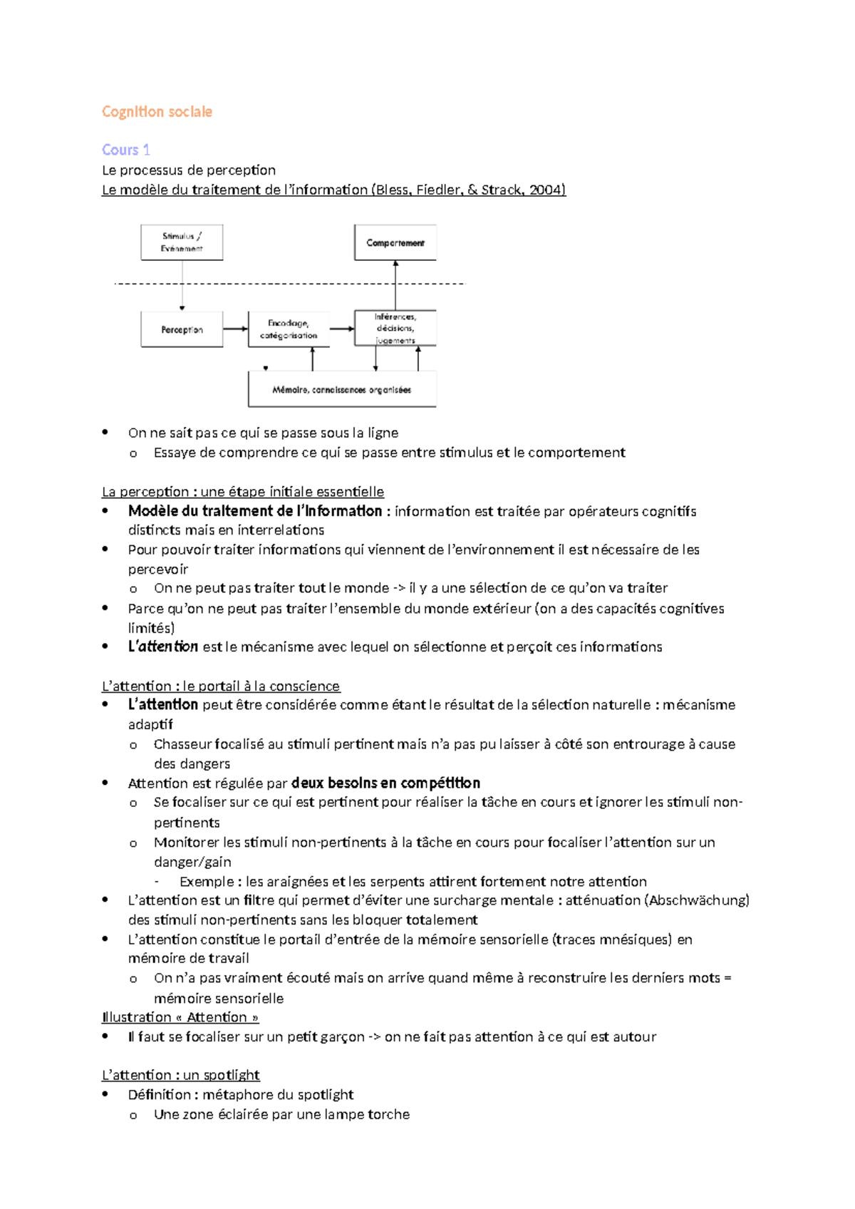 Cognition Sociale Cours 1 : Perception et Attention (Bless, Fiedler ...