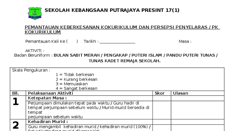 Pemantauan Keberkesanan Kokurikulum SK Putrajaya Presint 17(1) - Studocu