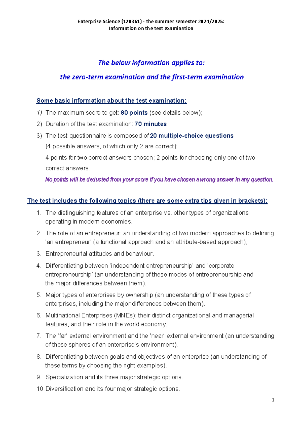 ES (120361) Summer Exam Info: Enterprise Science Test Details - Studocu