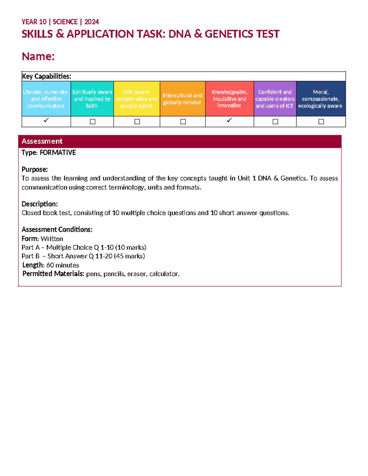 Year 10 Science - Formative Task: DNA & Genetics Test 2024 - Studocu