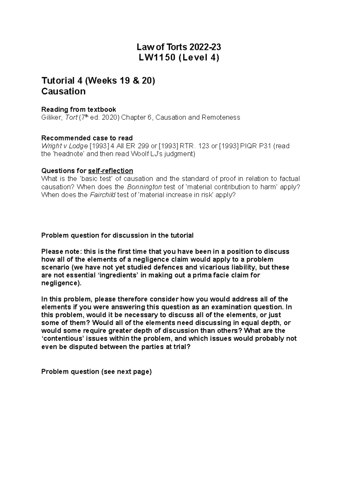 Causation tutorial sheet level 4 LW1150 2022 - Law of Torts 2022 ...
