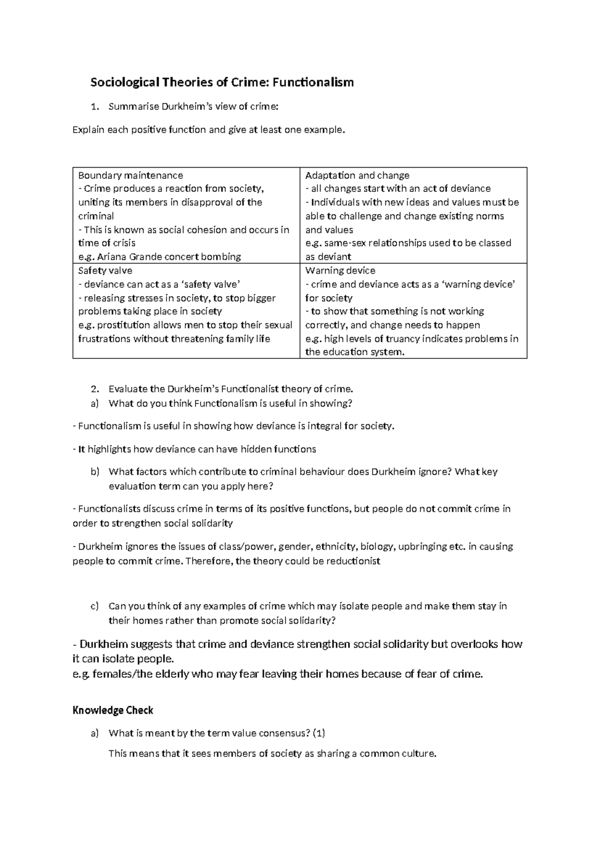 Sociological Theories of Crime: Durkheim Functionalism Worksheet - Studocu