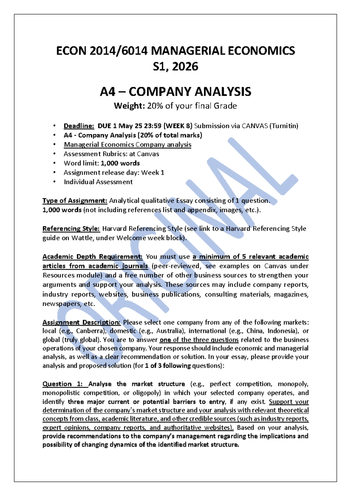 ECON 2026 A4 Company Analysis: Market Structure & Barriers - Studocu