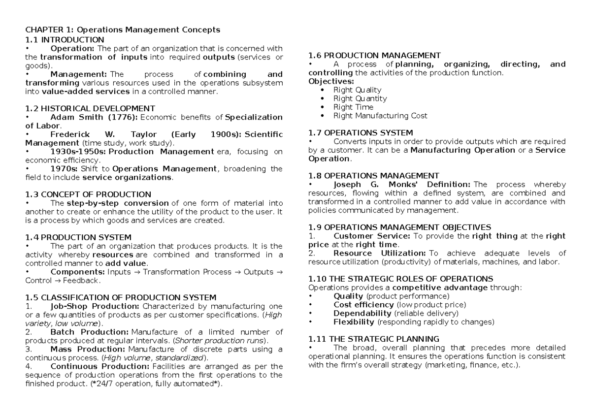 SA Operations Management: Chapter 1 & 2 Overview and Key Concepts - Studocu