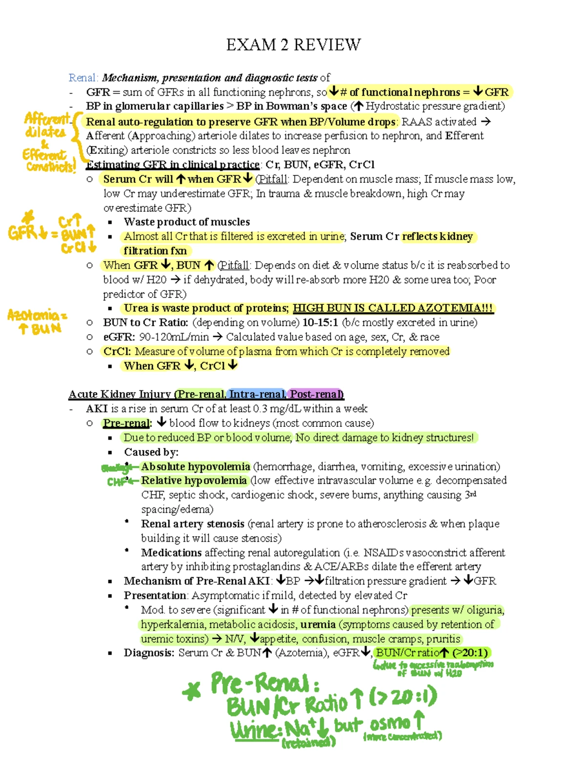Exam 2 Outline - final exam study guide - Renal: Mechanism ...