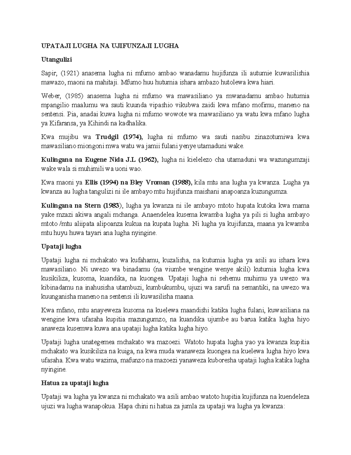 Utafiti wa Upataji na Ujifunzaji Lugha katika Jamii - Studocu