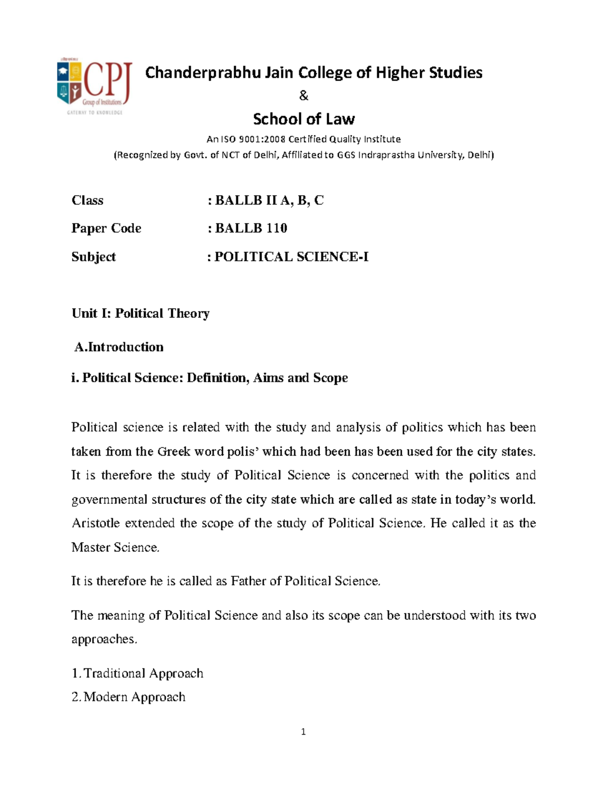 Political Science I Notes - BALLB 110 - Unit I: Political Theory - Studocu