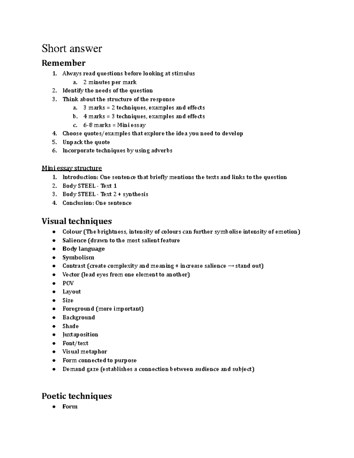 Year 11 English Advanced: Short Answer Response Techniques - Studocu