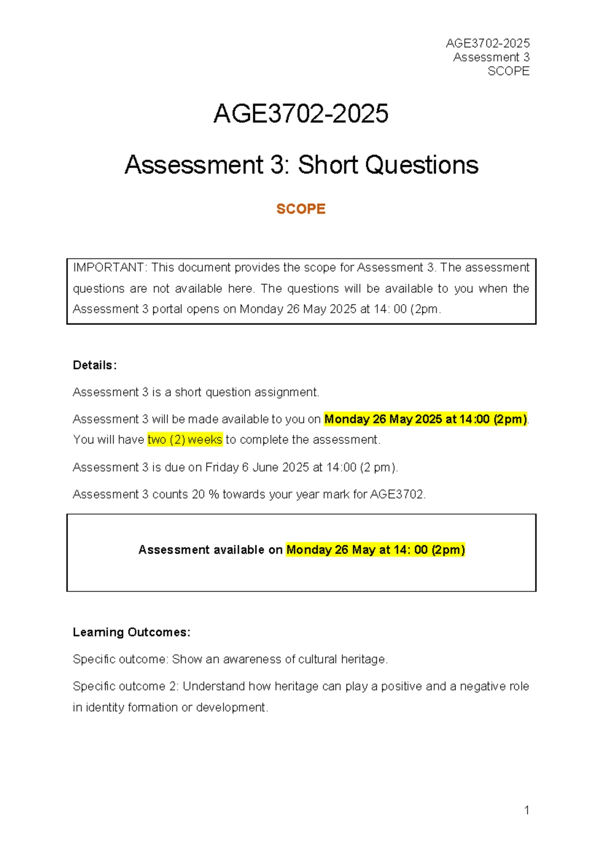 AGE3702 2025 Assessment 3: Short Questions on Cultural Heritage - Studocu