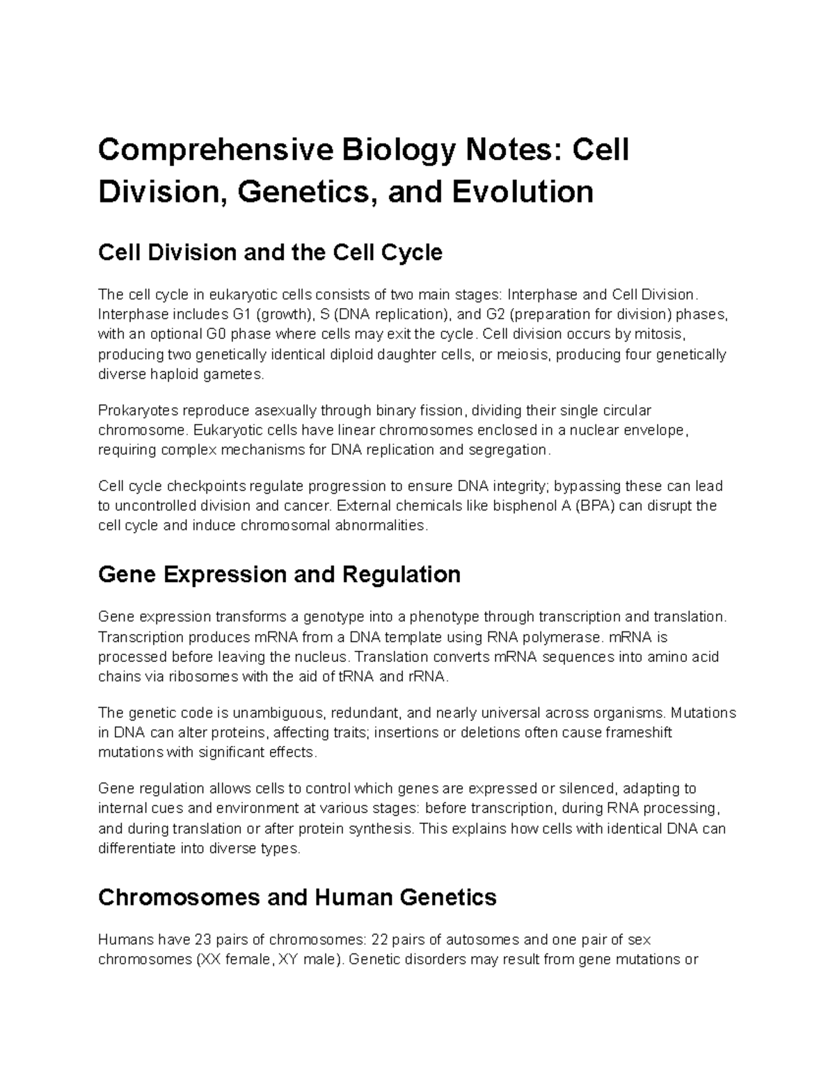 Comprehensive Biology Notes: Cell Division, Genetics, and Evolution ...