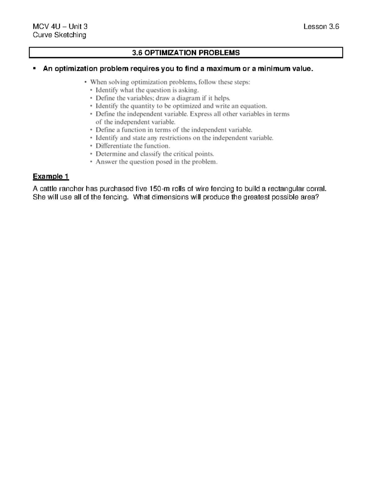 MCV 4U Unit 3 Curve Sketching: 3.6 Optimization Problems - Studocu