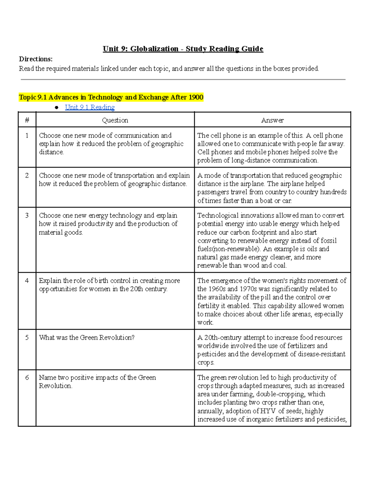 Unit 9 Globalization - Study Reading Guide - Topic 9 Advances in ...