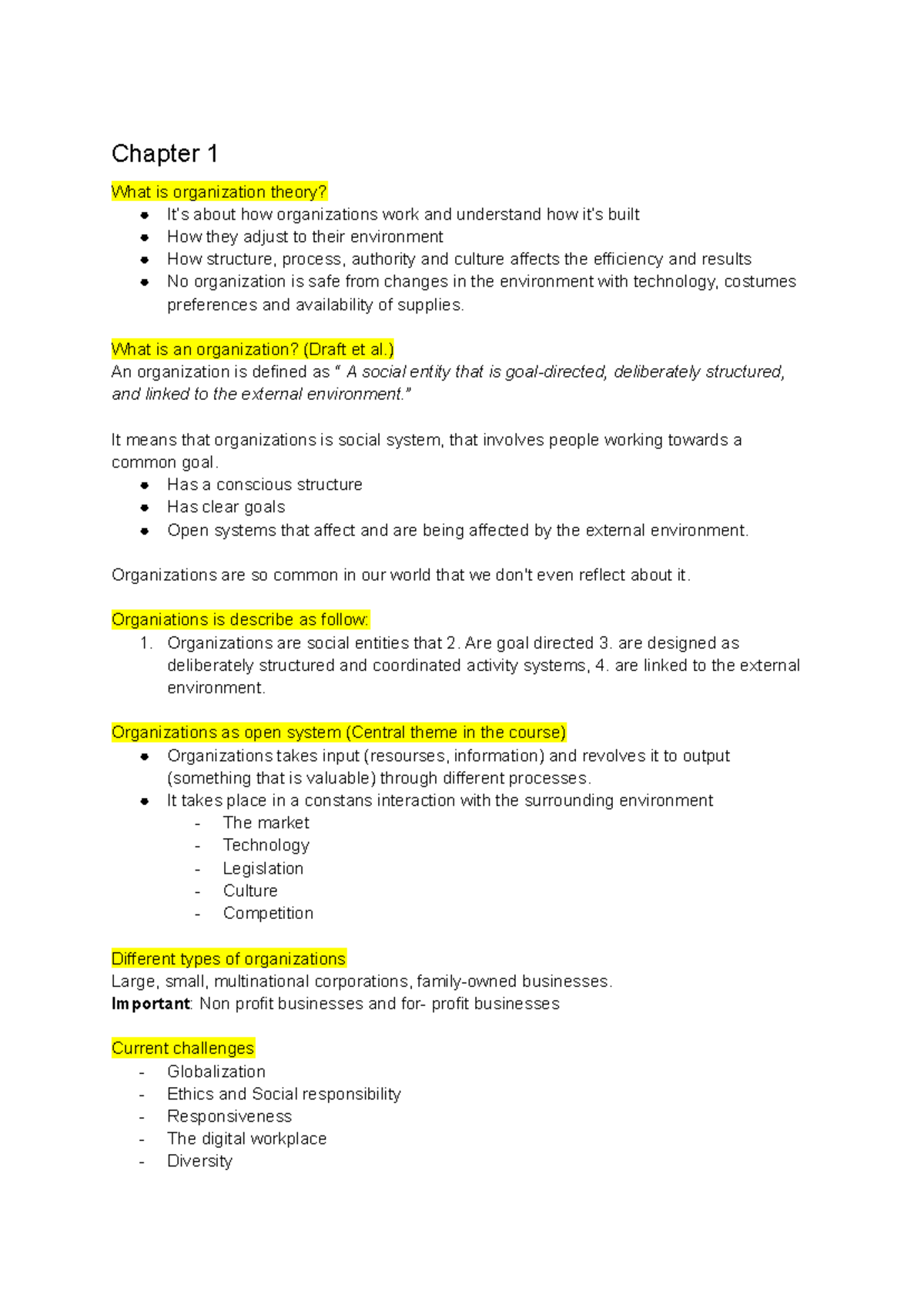 Chapter 1 & 2: Understanding Organization Theory and Its Dynamics - Studocu