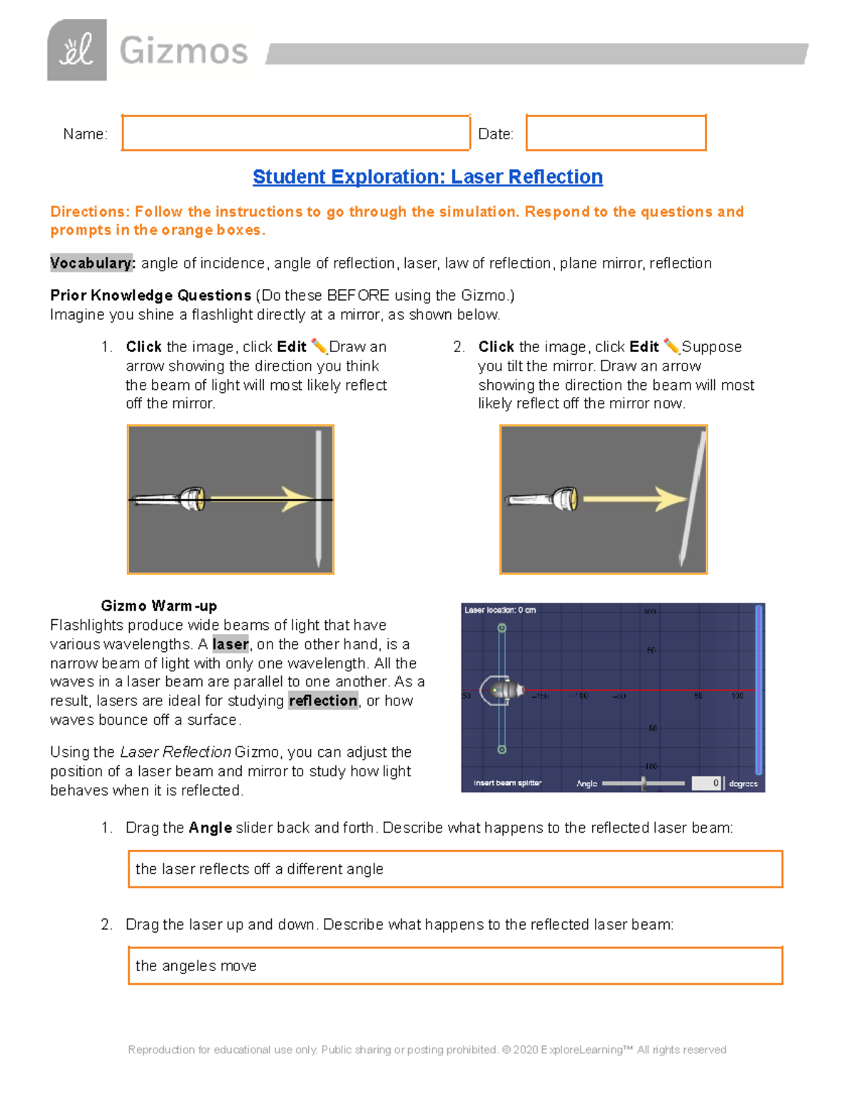 Laser Reflection Exploration - Gizmo Simulation Activity - Studocu