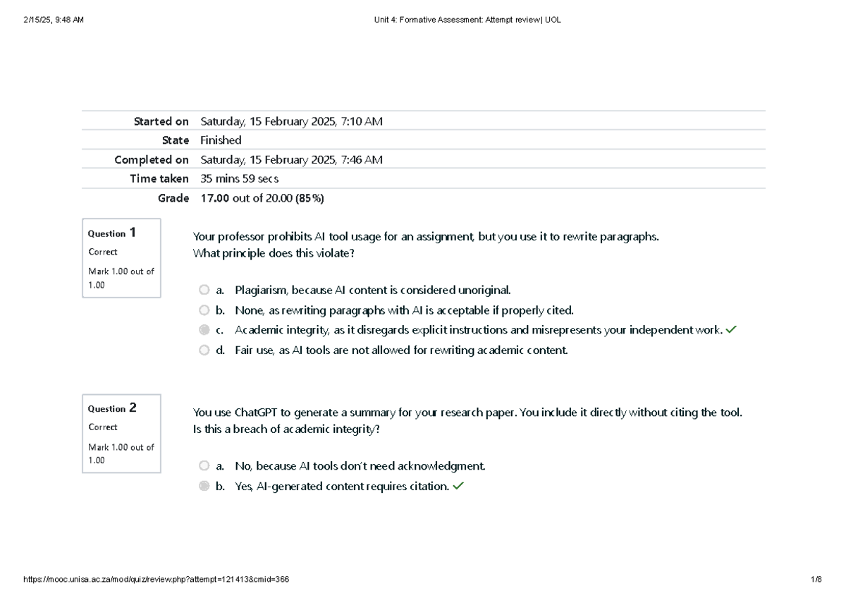 UOL Academic Integrity Unit 4: Formative Assessment Review - Studocu