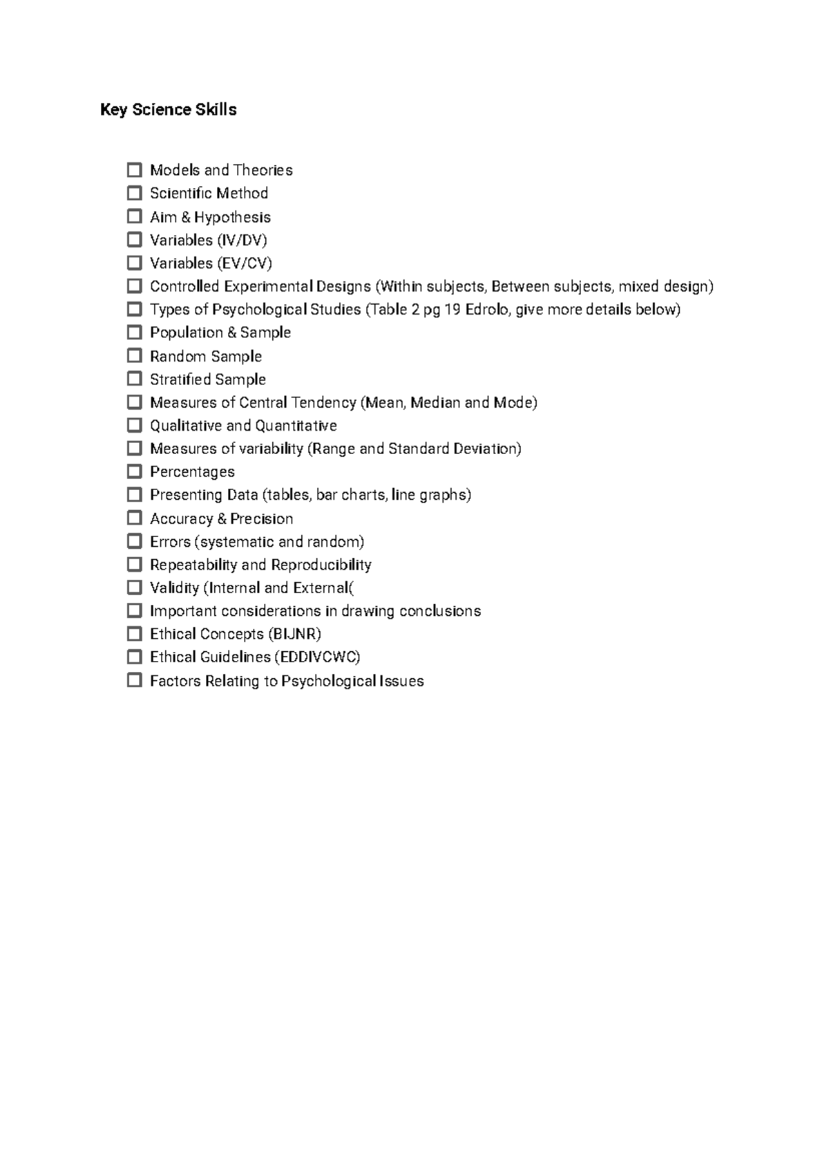 Psych EXAM Revision - Checklist - Key Science Skills Models and ...