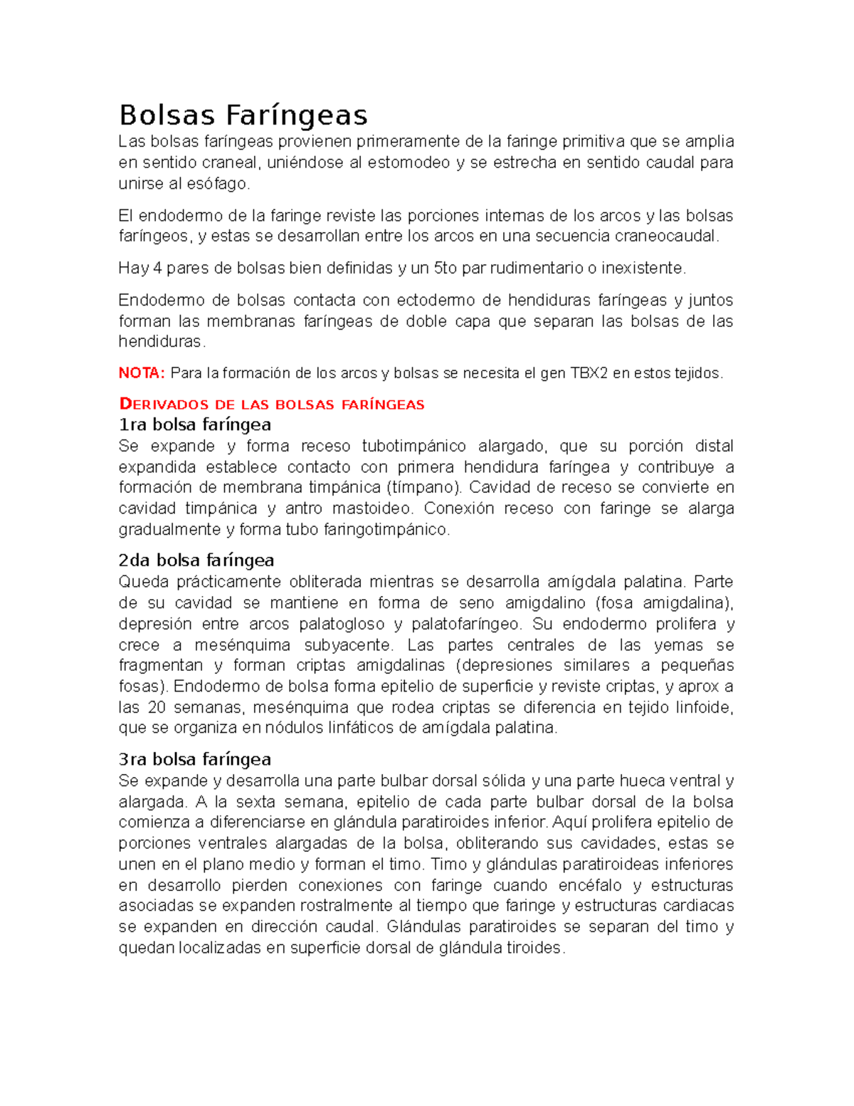 Desarrollo de las Bolsas Faríngeas y sus Derivados en Embriología - Studocu