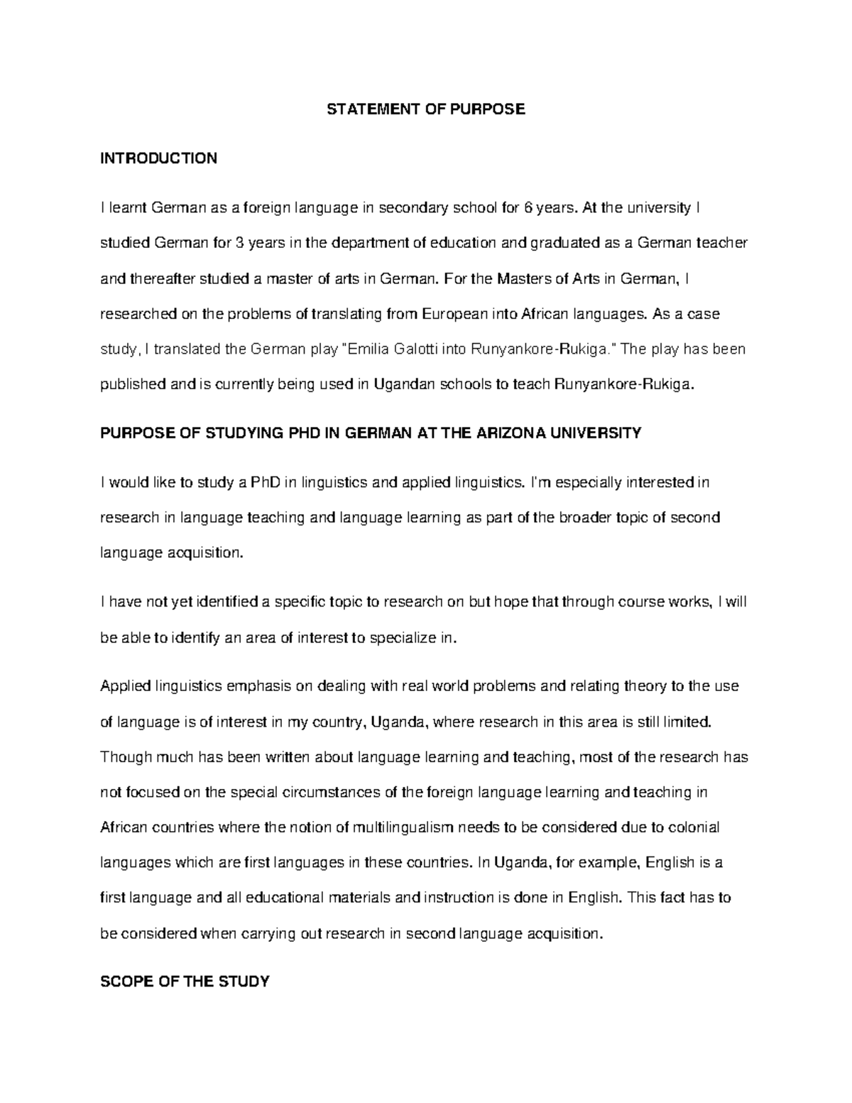 Statement of Purpose: PhD in German Linguistics at Arizona University ...